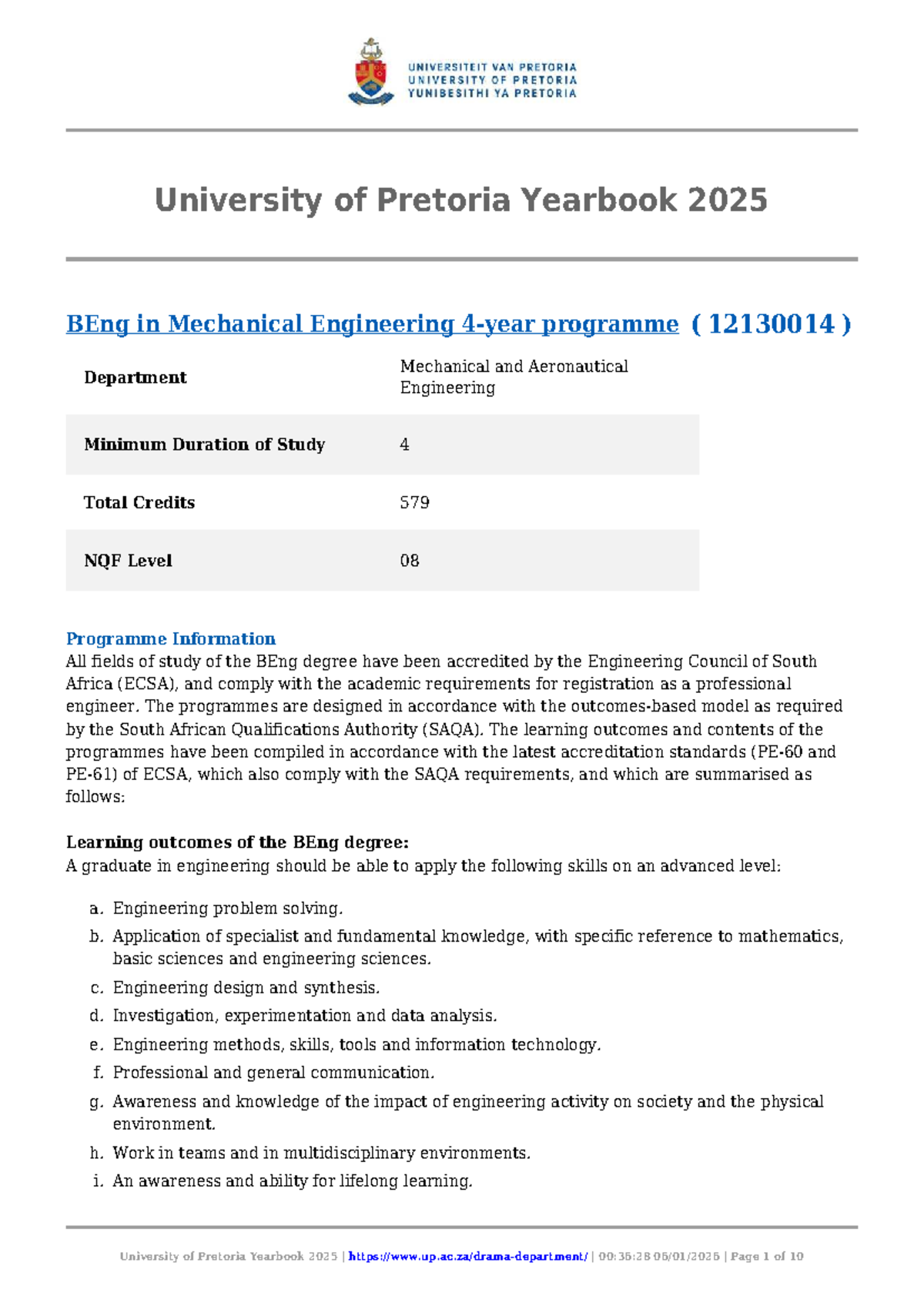 University of Pretoria Yearbook 2025: BEng Mechanical Engineering ...