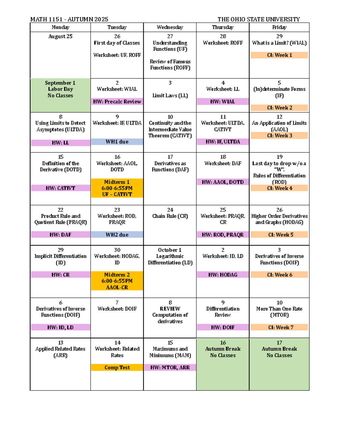 MATH 1151 AUTUMN 2025 CLASS SCHEDULE & ASSIGNMENTS - Studocu