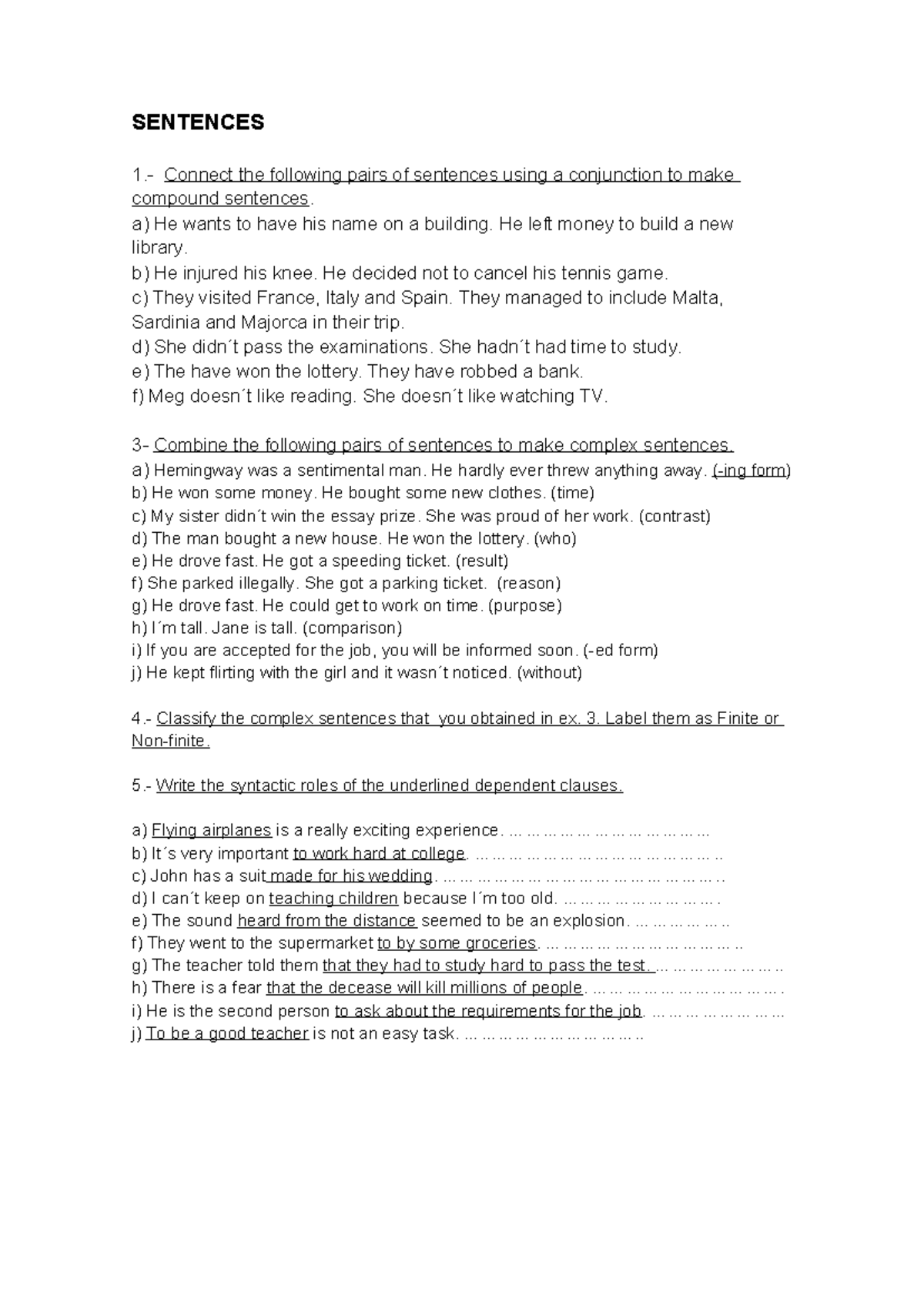 SENTENCES Practice: Conjunctions & Complex Sentences Exercises - Studocu