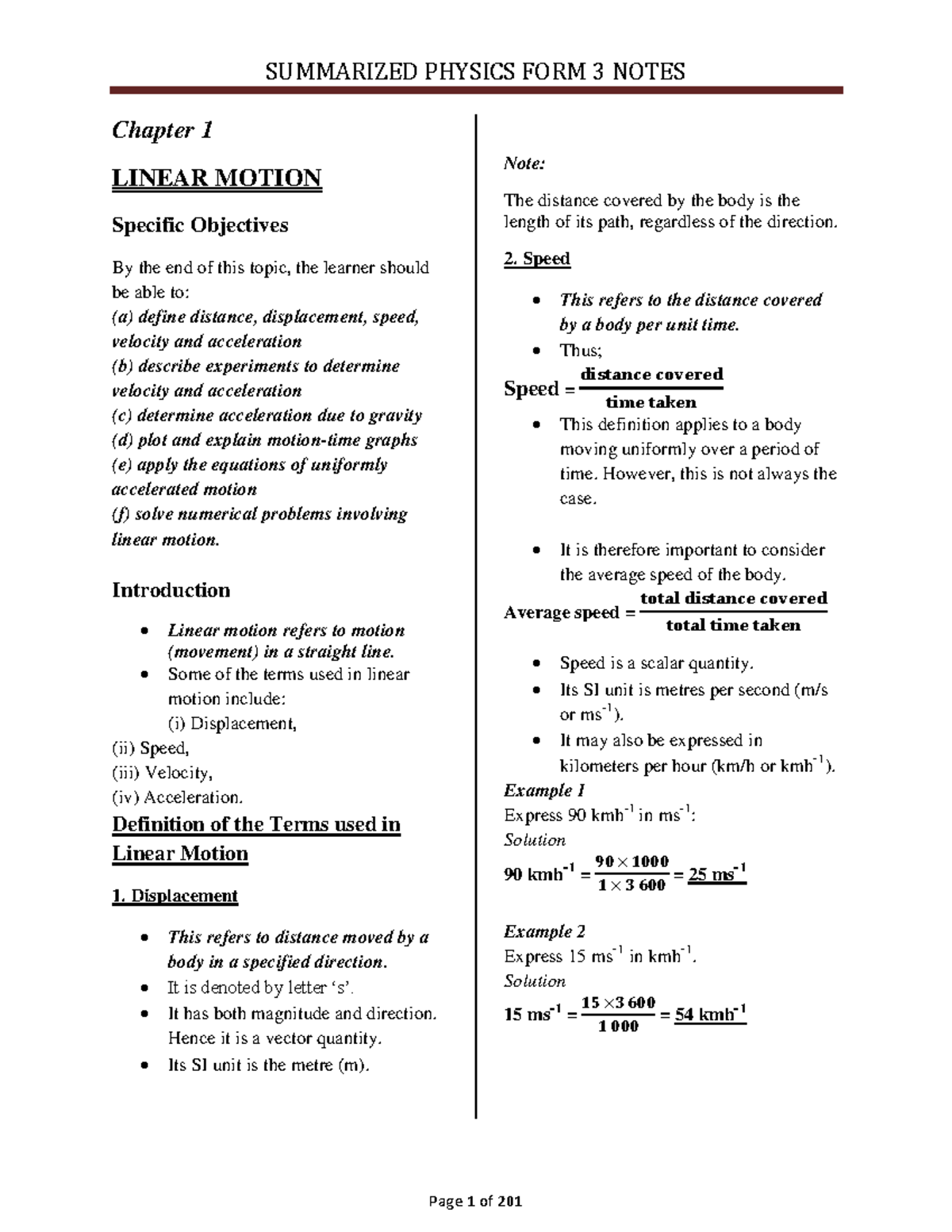 FORM 3 Notes - Evaluation - Chapter 1 LINEAR MOTION Specific Objectives ...