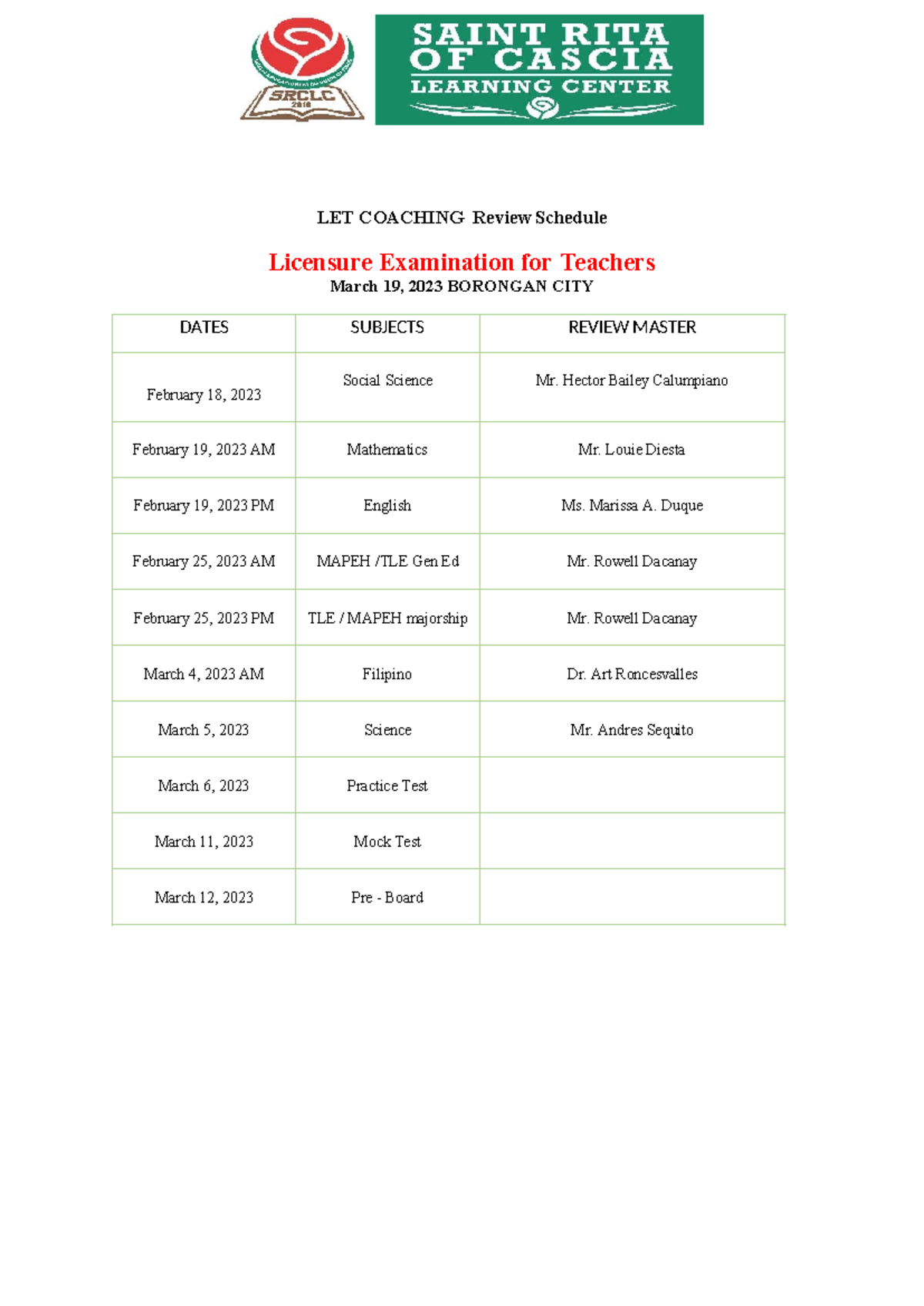 Sample Coaching LET schedule - LET COACHING Review Schedule Licensure ...