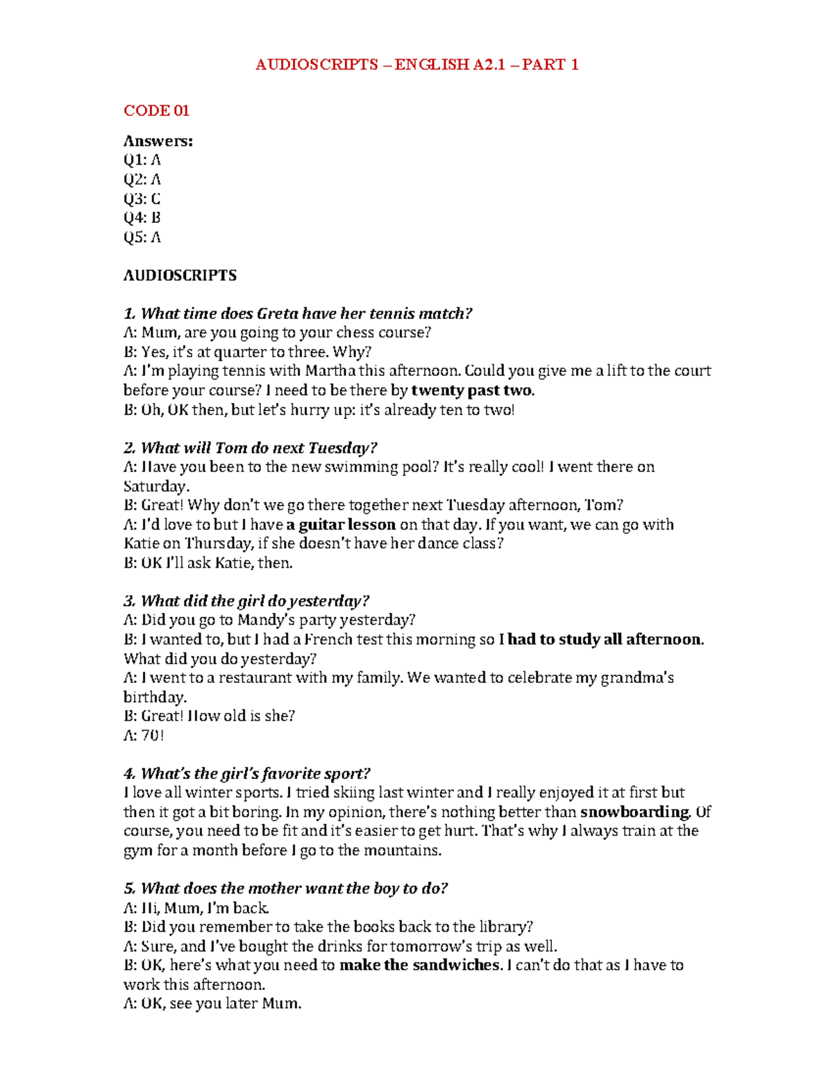 A2.1 - Audioscripts for English A2 - Listening Practice Part 1 - Studocu