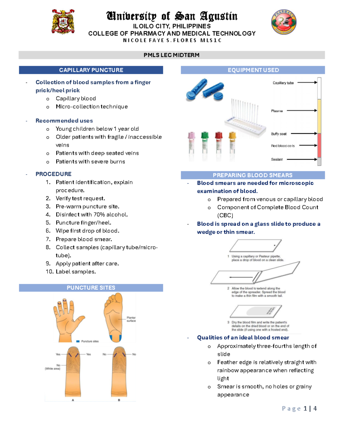 PMLS LEC Midterm Notes: Capillary Puncture Techniques and Procedures ...