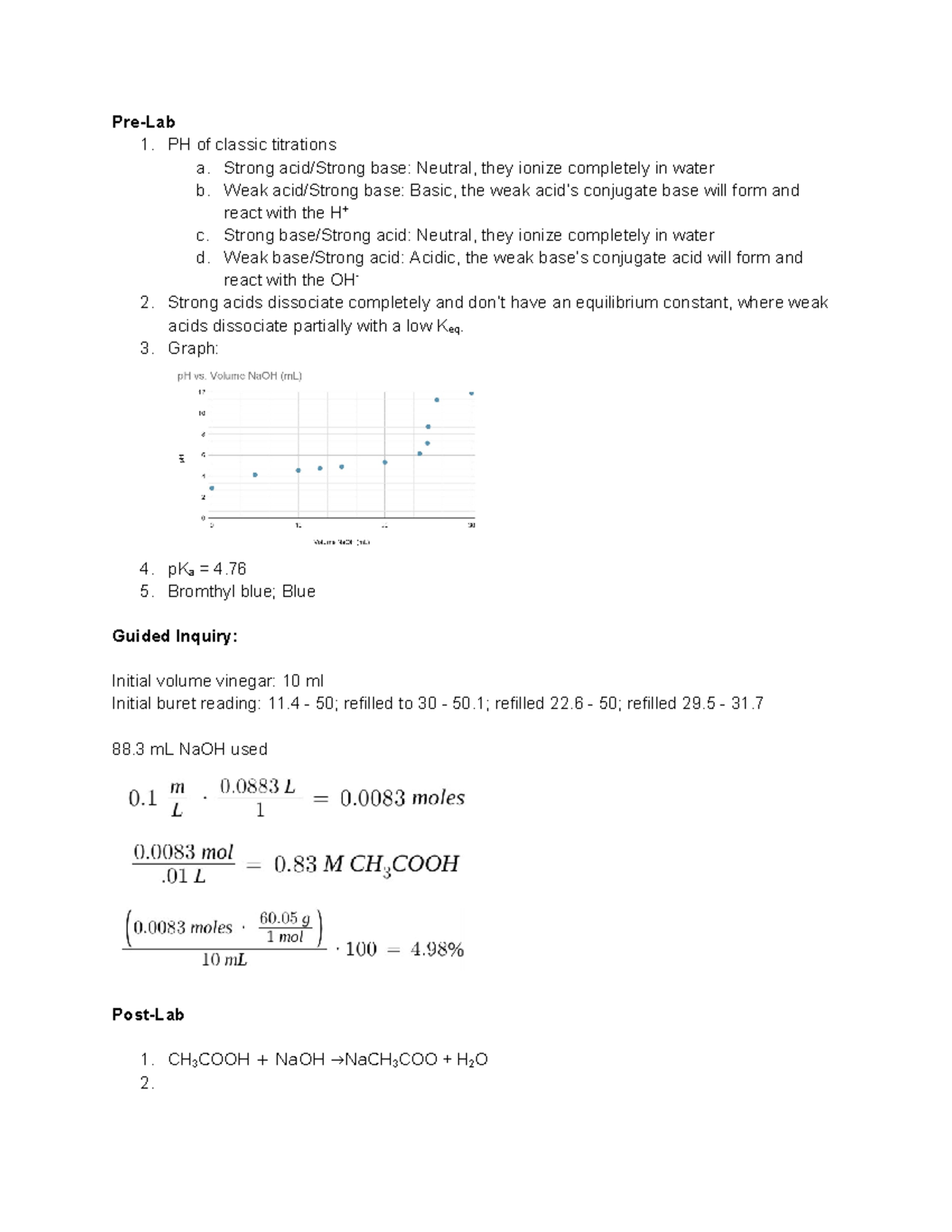 AP Chem - Titration Lab - Pre-Lab 1. PH of classic titrations a. Strong ...
