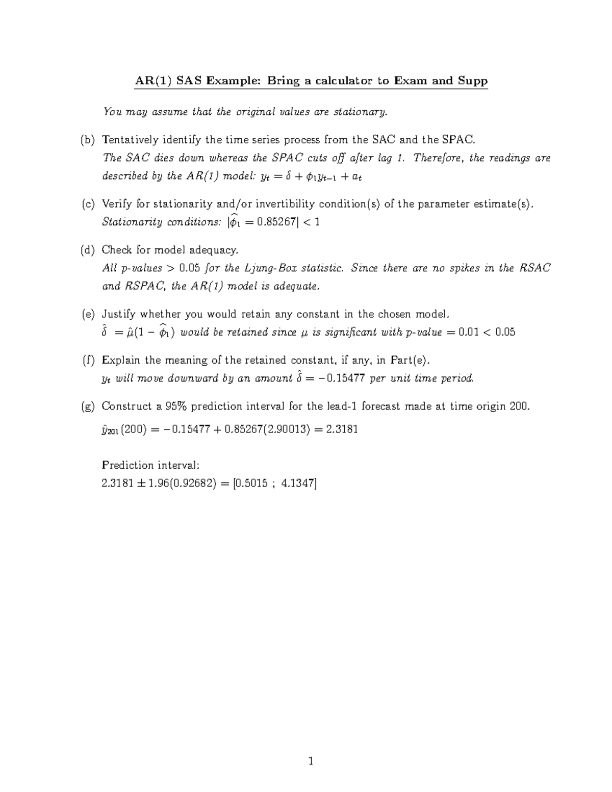 SAS AR(1) Exam Example: Stationarity & Model Adequacy Analysis - Studocu