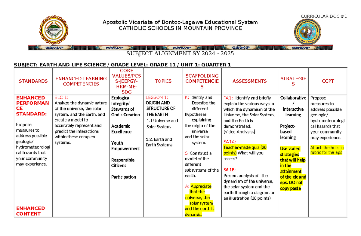 Subject Alignment Earth AND LIFE Science - Apostolic Vicariate of ...