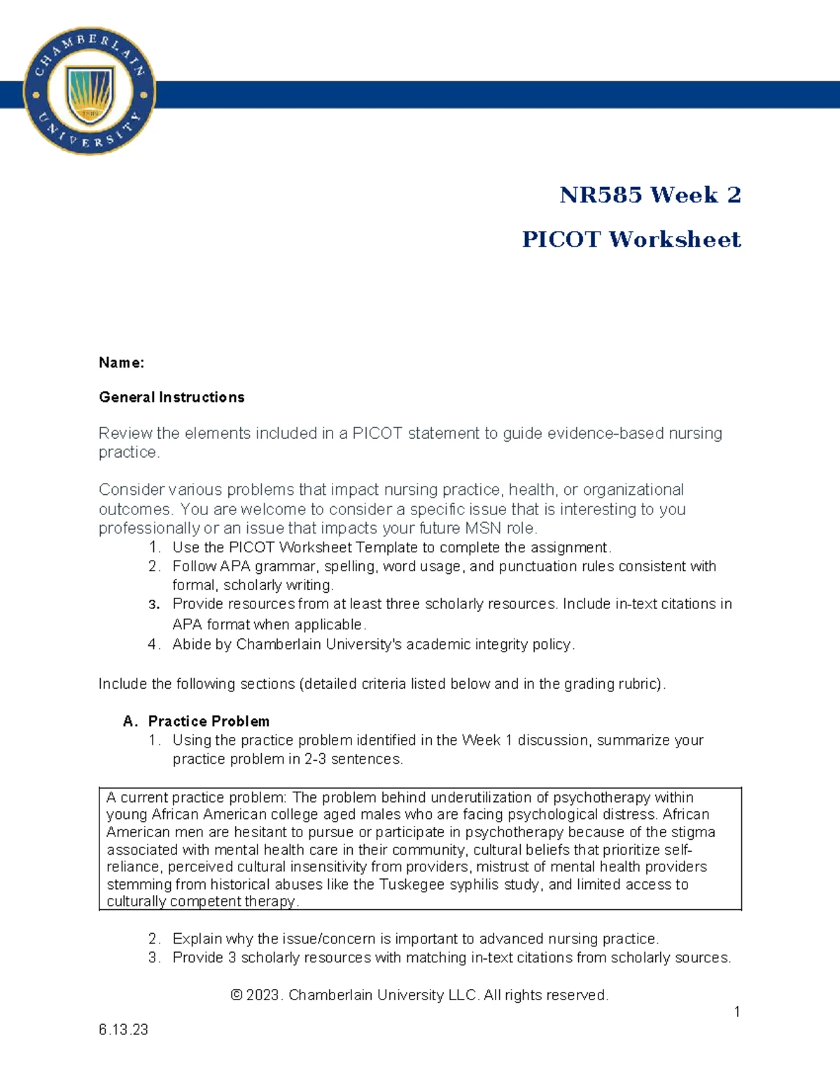 NR585NP Week 2 Assignment: PICOT Worksheet by Nilsa Bonilla - Studocu