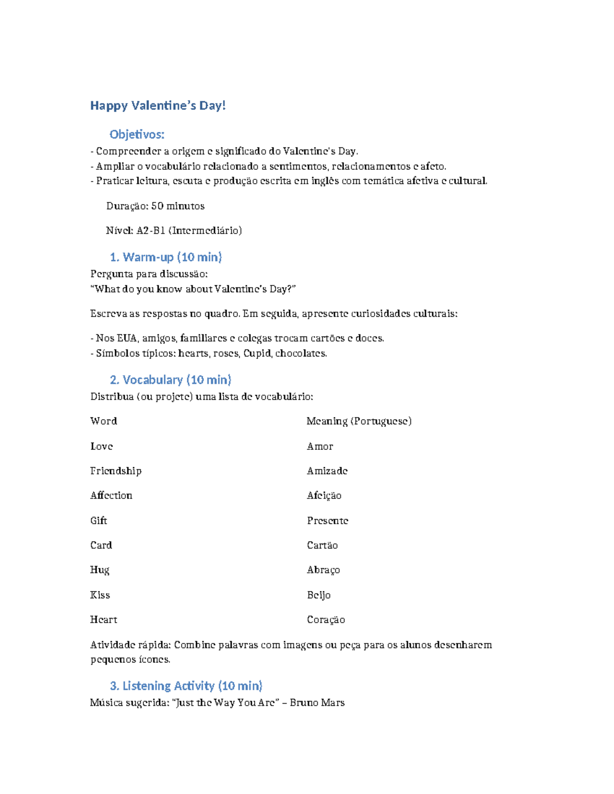 Aula: Happy Valentine's Day - Objetivos e Atividades Intermediário ...
