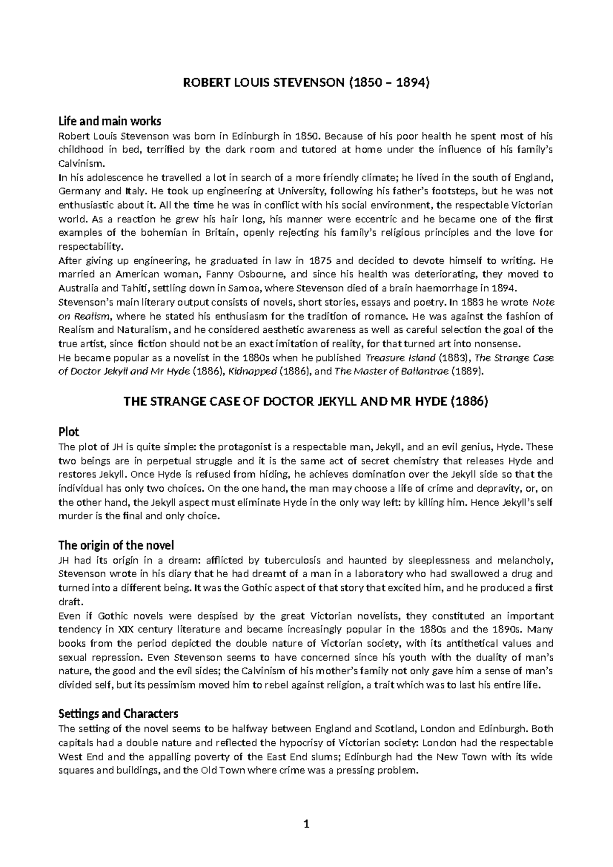 Stevenson & The Strange Case of Dr Jekyll and Mr Hyde (1886) - Studocu