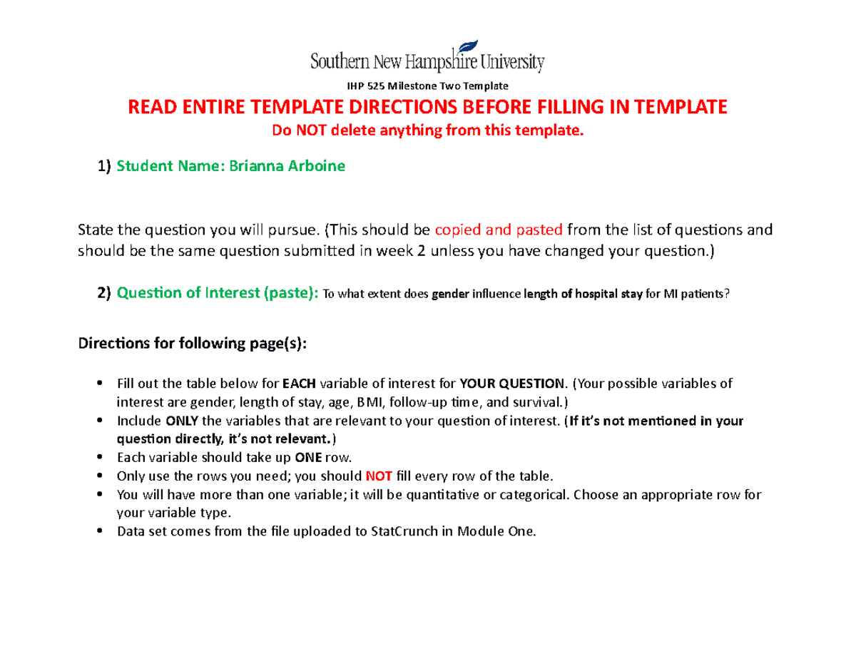 Milestone Two Template - IHP 525 Milestone Two Template READ ENTIRE ...