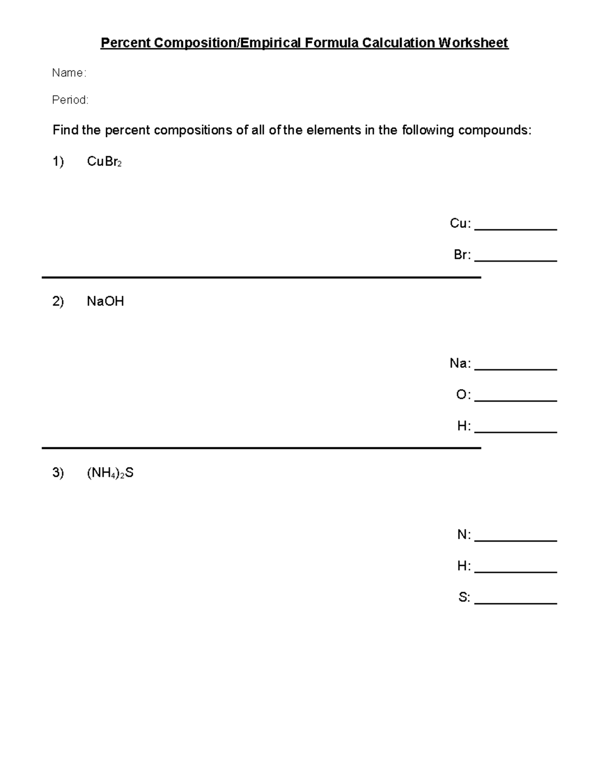 Percent Composition & Empirical Formula Calculation Wkst - Studocu