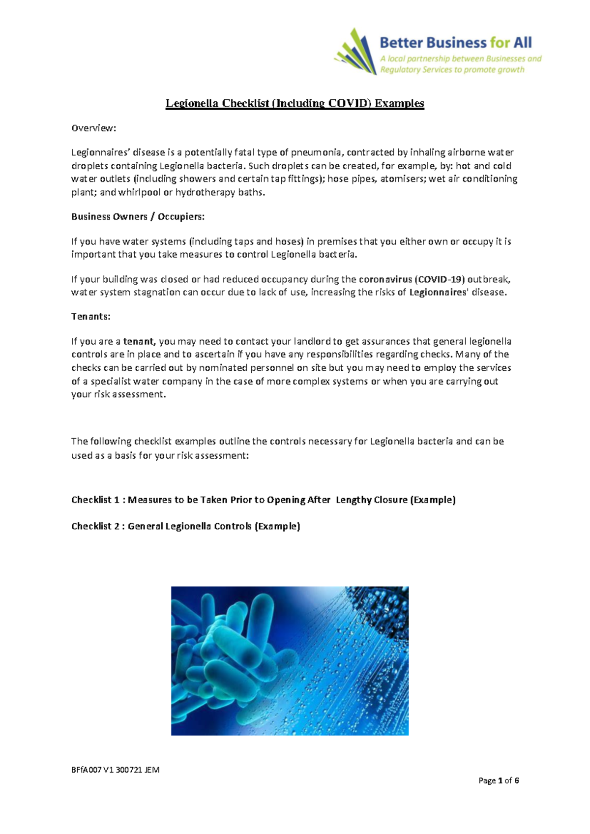 BFfA007 V1 300721 Legionella Risk Assessment Checklist - Studocu