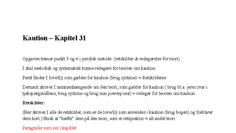 Kaution Kapitel 31 Opgaver Træner - Juridisk Metode og Teori - Studocu