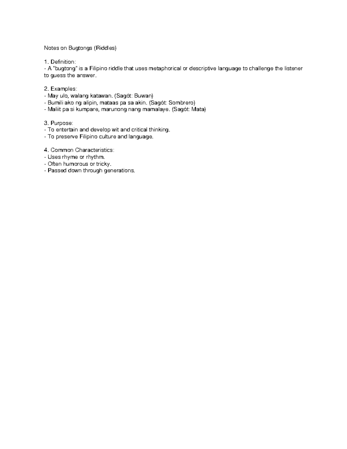 6 Bugtongs - Notes on Bugtongs (Riddles) Definition: A “bugtong” is a ...