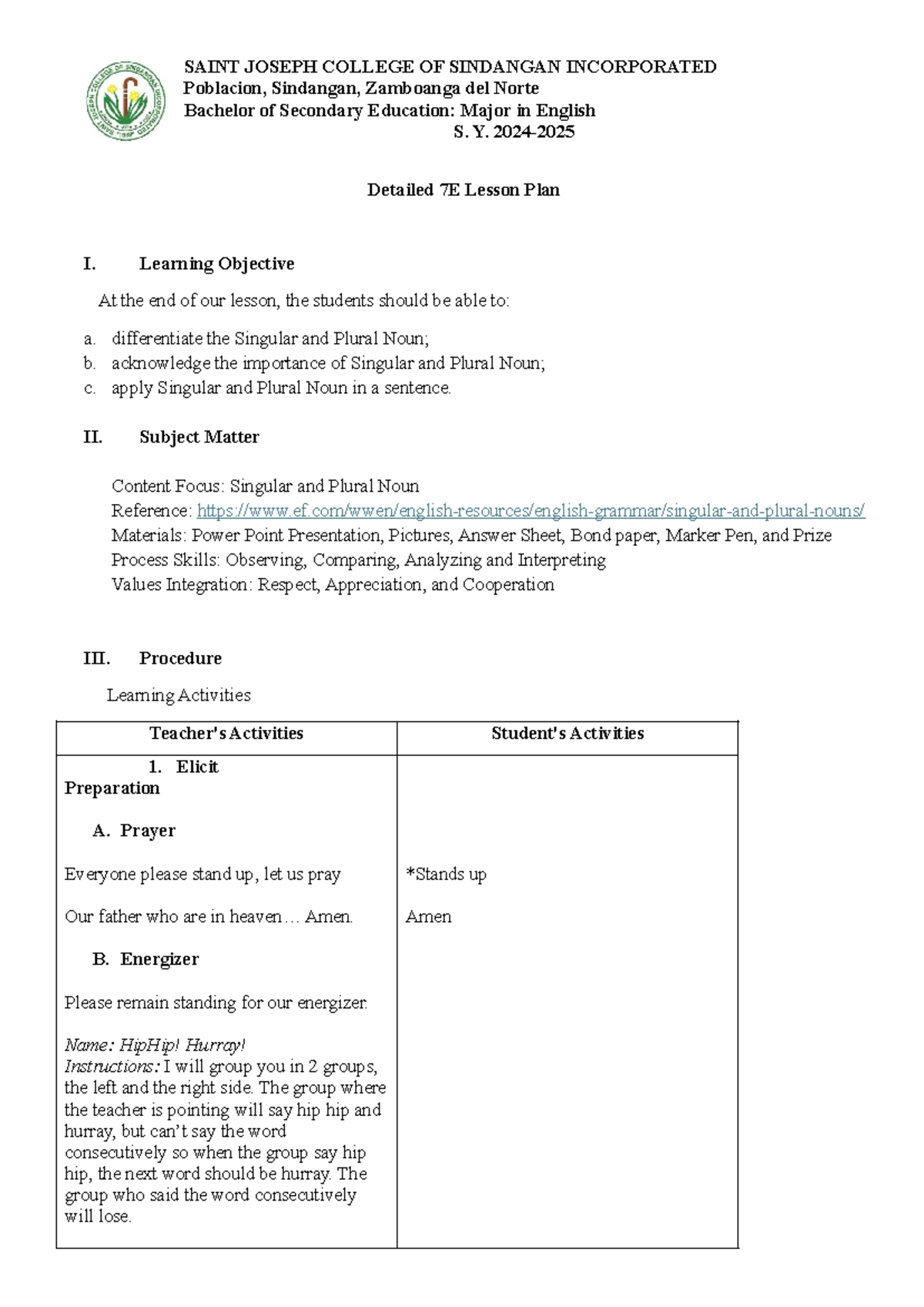 BSED-ENG 7E Detailed Lesson Plan on Singular and Plural Nouns - Studocu