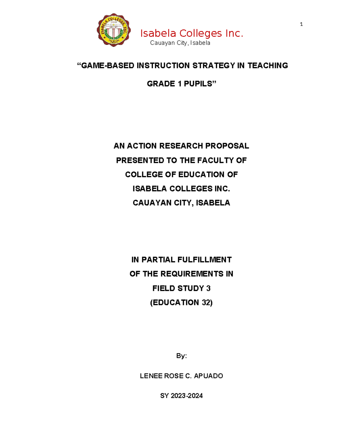 CBAR - Action Research Proposal on Game-Based Instruction in Grade 1 ...