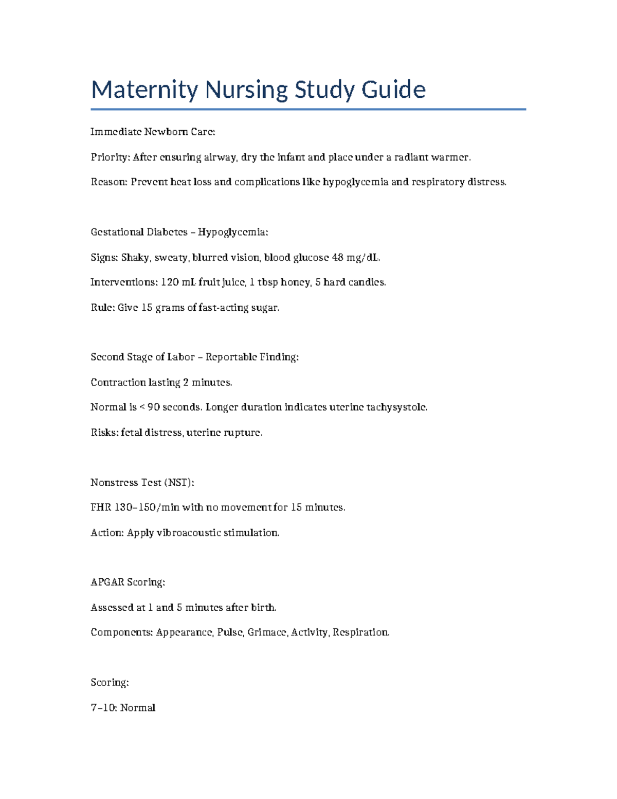 Maternity Nursing Study Guide: Immediate Newborn Care & Interventions ...