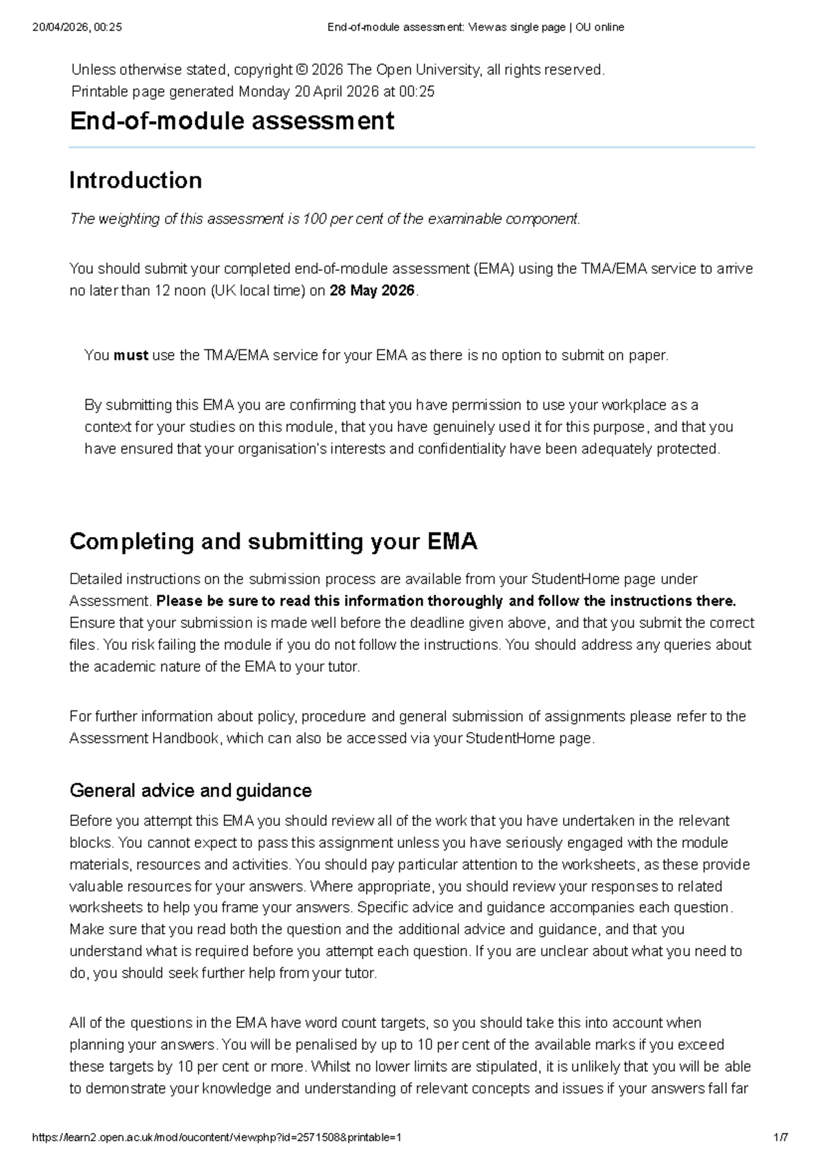 End-of-Module Assessment (EMA) Guidance for OU Students - Studocu