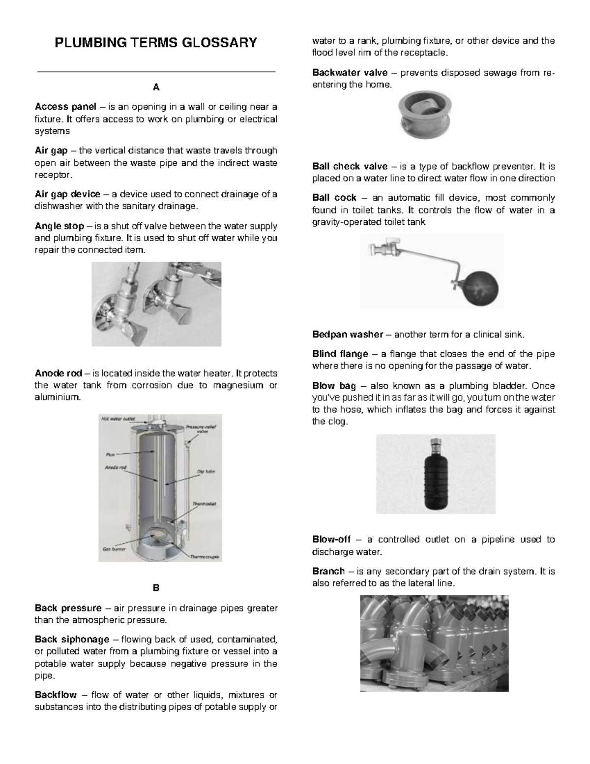 Plumbing Terms Glossary: Key Concepts and Definitions for Study - Studocu