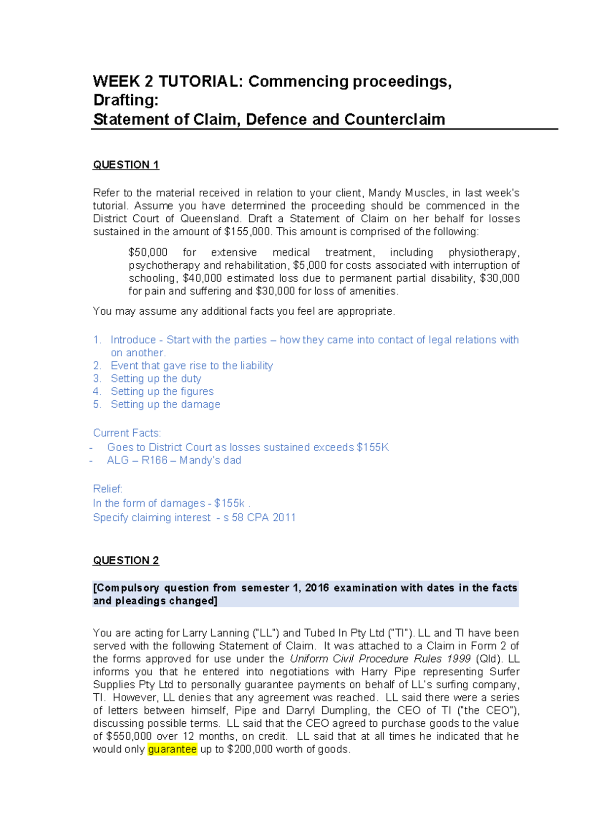 WK 2 TUT - WEEK 2 TUTORIAL: Commencing proceedings, Drafting: Statement ...