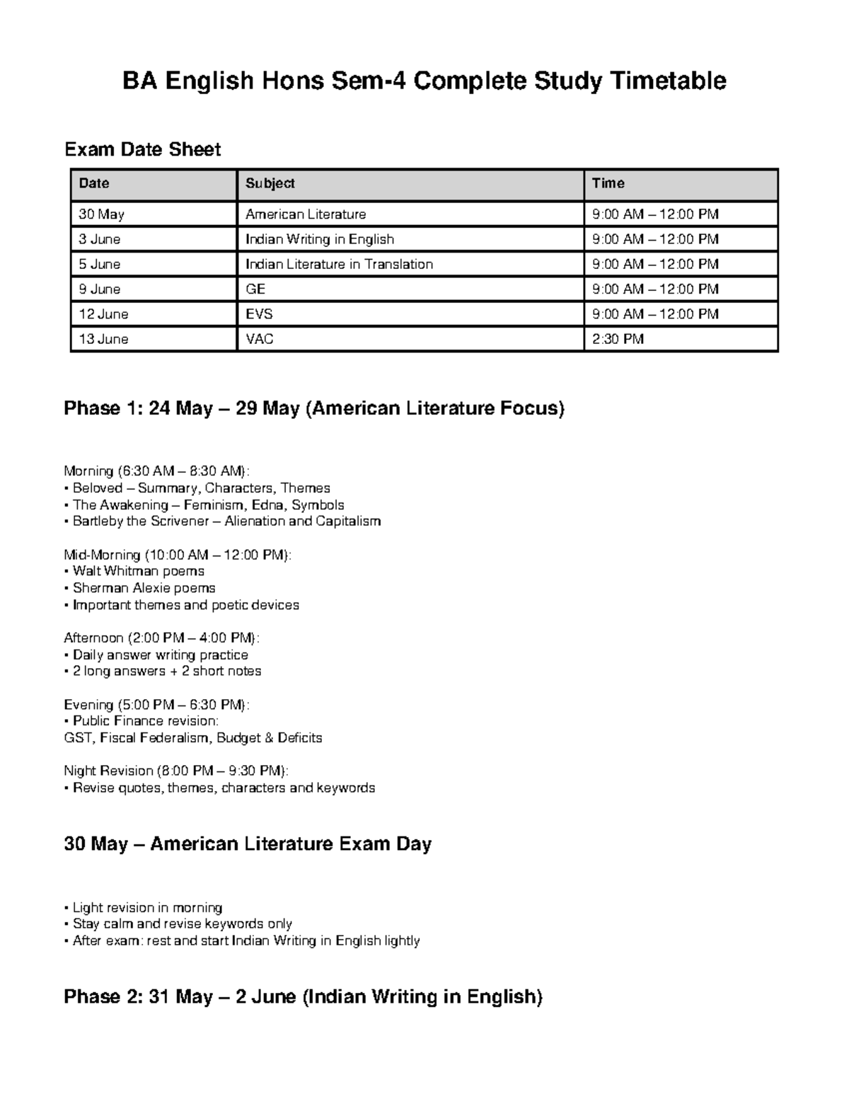 BA English Hons Exam Date Sheet & Complete Study Timetable - Studocu