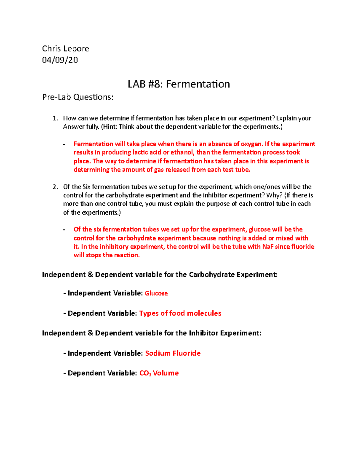 Bio1010 Lab #8 - Fermentation Experiment Questions & Answers - Studocu
