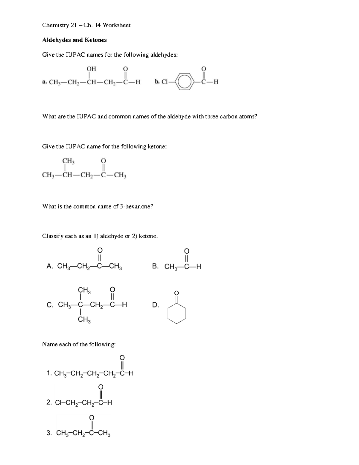 Ch 14 handout - Chemistry 21 – Ch. 1 4 Worksheet Aldehydes and Ketones ...