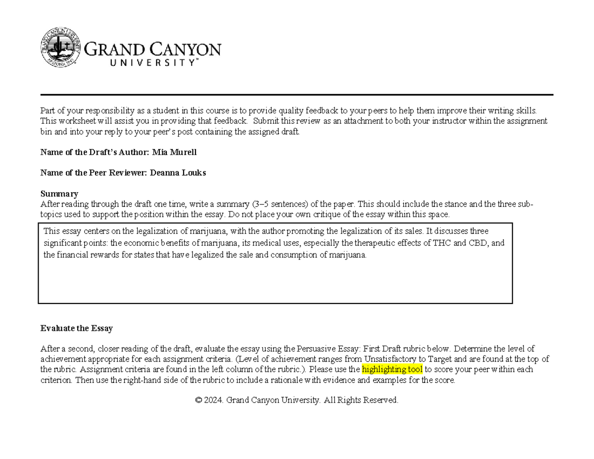 PHI-105-T-6 Peer Review Worksheet for Persuasive Essay Draft 3 - Studocu