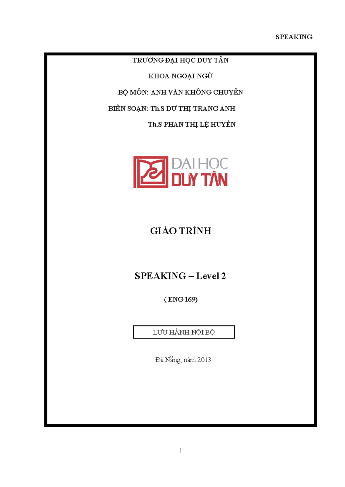 Giáo Trình Speaking Level 2 (ENG 169) - Cập Nhật 2023 - Studocu
