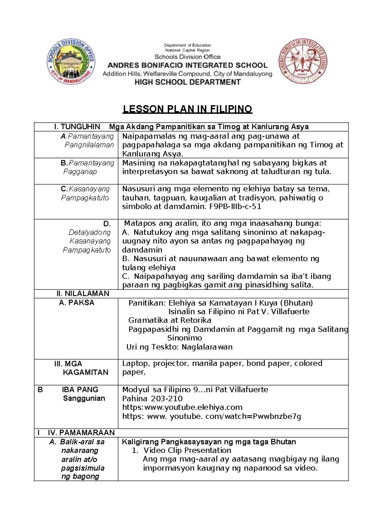 LEZ 101: Lesson Plan on Elehiya in Filipino Literature - Studocu