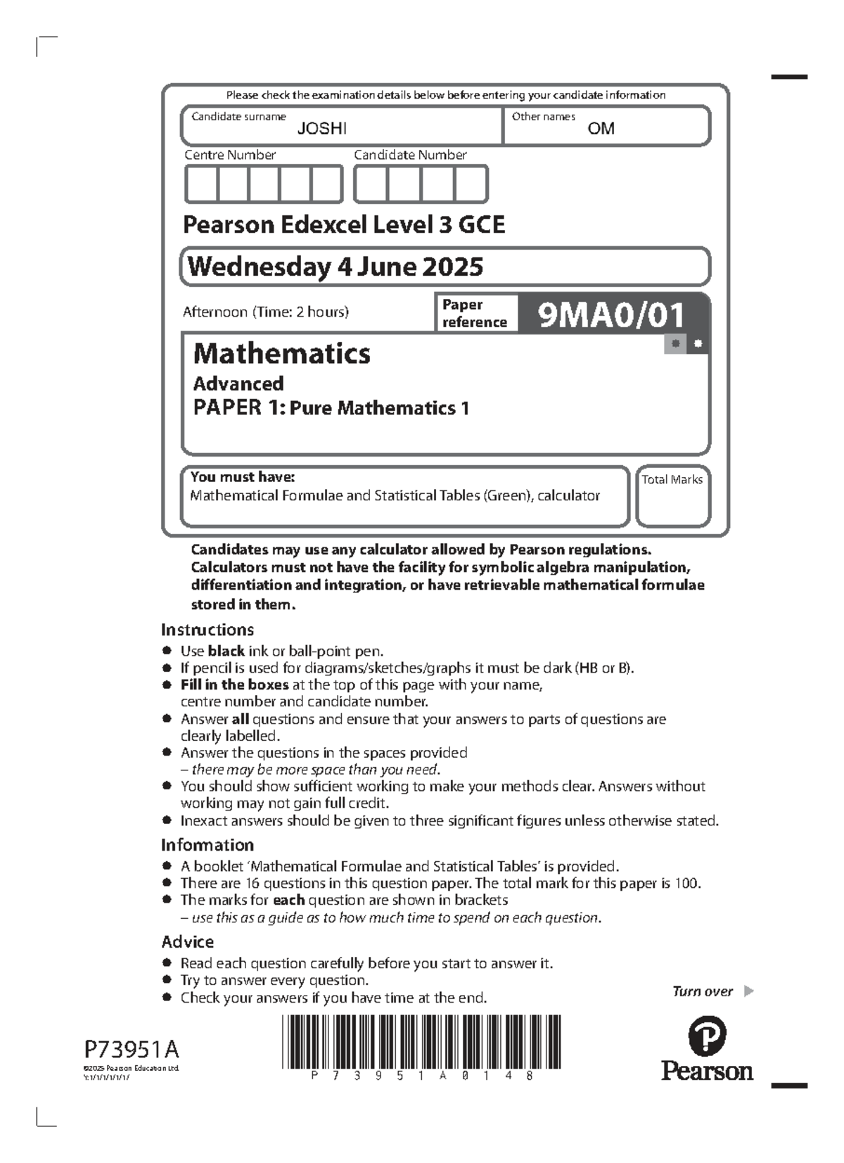 9MA0-01 A Level Pure Mathematics 1 - Exam Paper June 2025 - Studocu