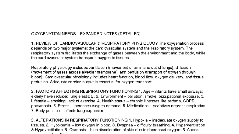OXYGENATION NEEDS: DETAILED NOTES ON CARDIOVASCULAR & RESPIRATORY ...