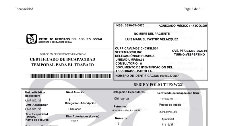 Certificado de Incapacidad Temporal - IMSS 1F2OO3OR - Studocu
