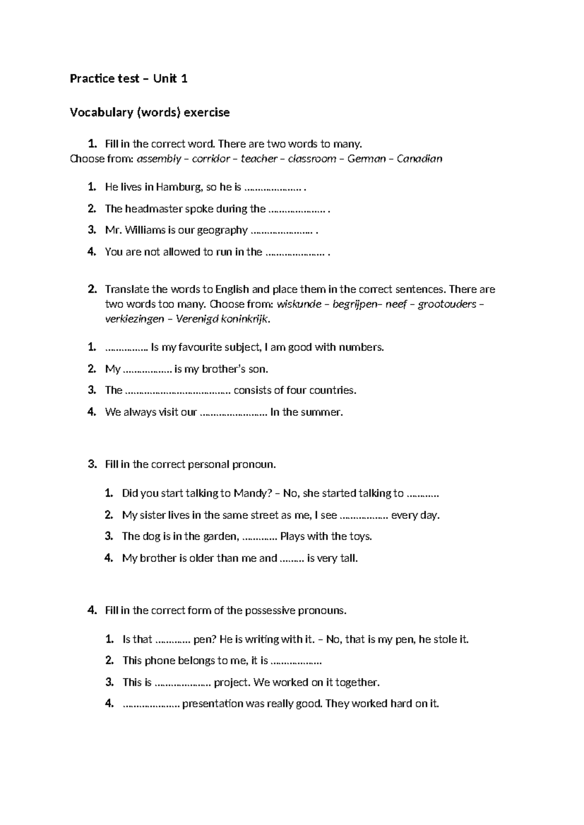Practice Test Y1: Vocabulary & Grammar Exercises - Unit 1 - Studeersnel