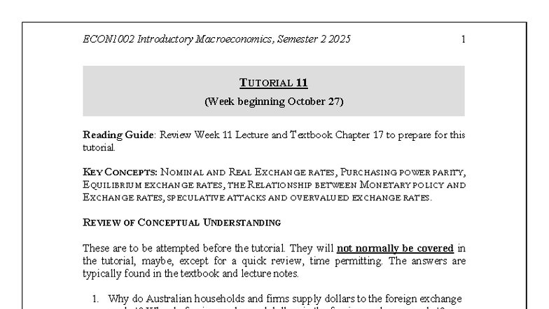 ECON1002 Tutorial Week 12: Exchange Rates & Monetary Policy Review ...