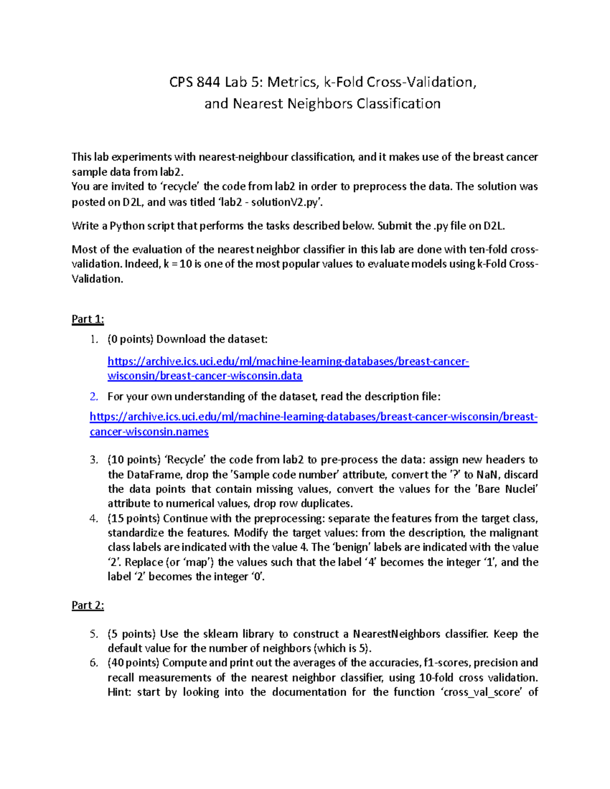 CPS 844 Lab 5: Nearest Neighbors Classification & Metrics Analysis ...