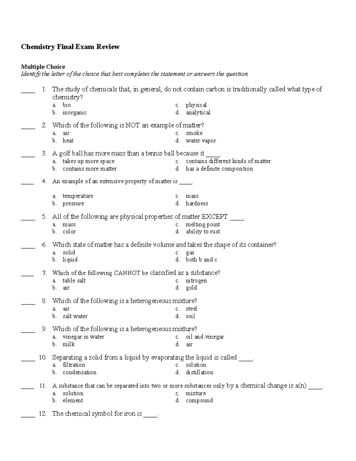 401 Chemistry MCQ Fall Final Exam Review Options - Studocu