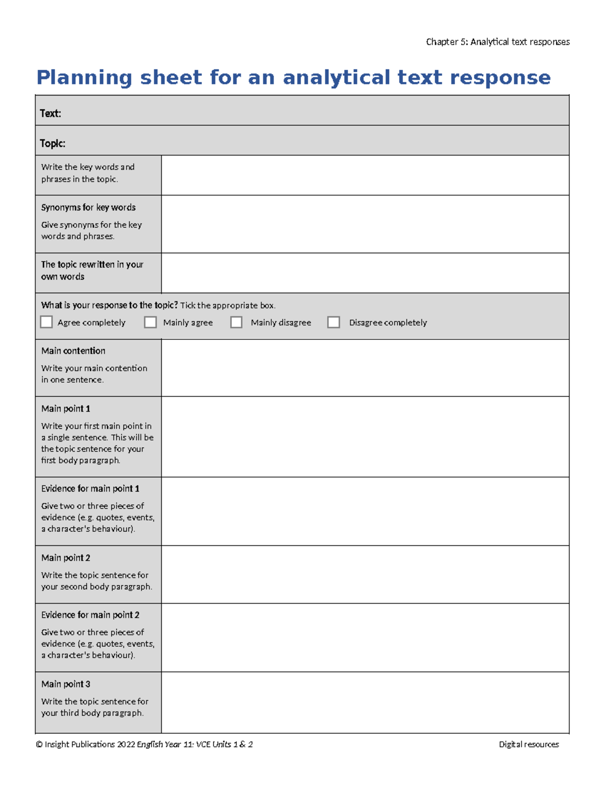 Eng yr11 D ch5 page65 planning sheet analytical essay - Chapter 5 ...