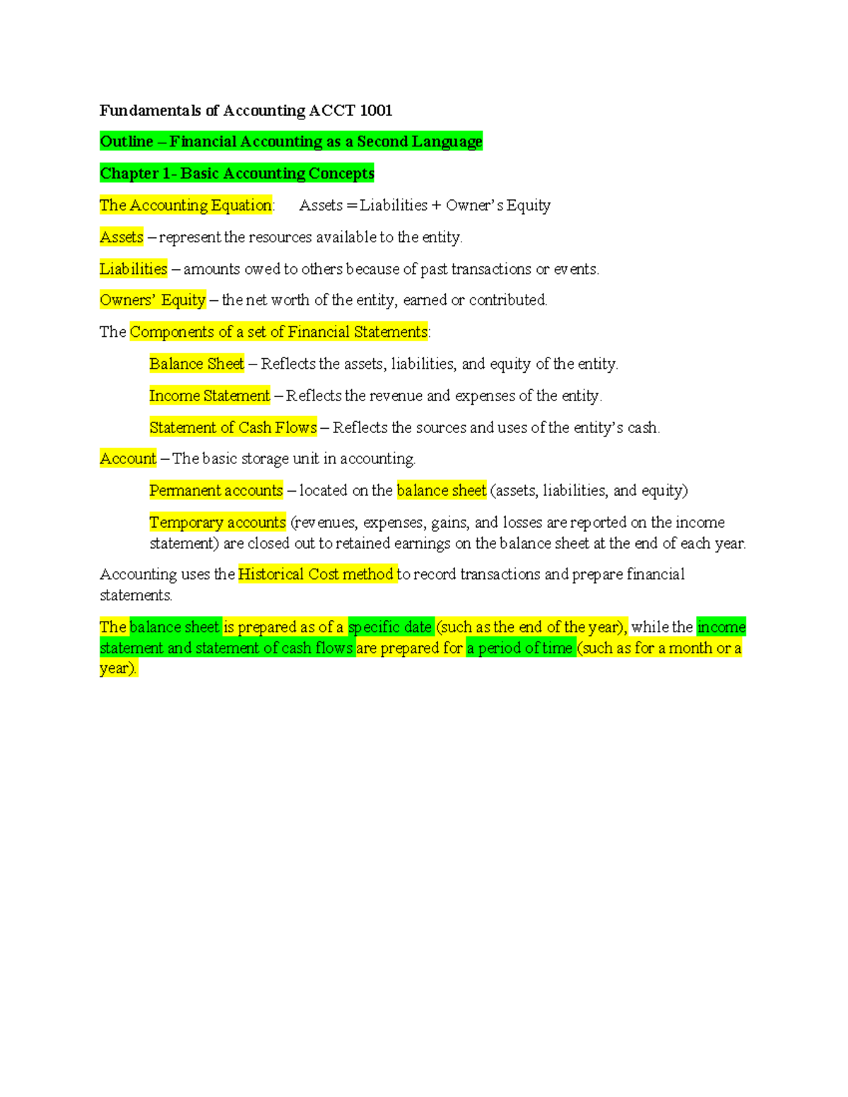 Fundamentals of Accounting ACCT 1001 - Chapter 1 Outline and Concepts ...