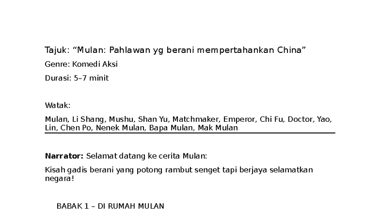 Script Mulan: Kisah Pahlawan Berani dalam Komedi Aksi - Studocu