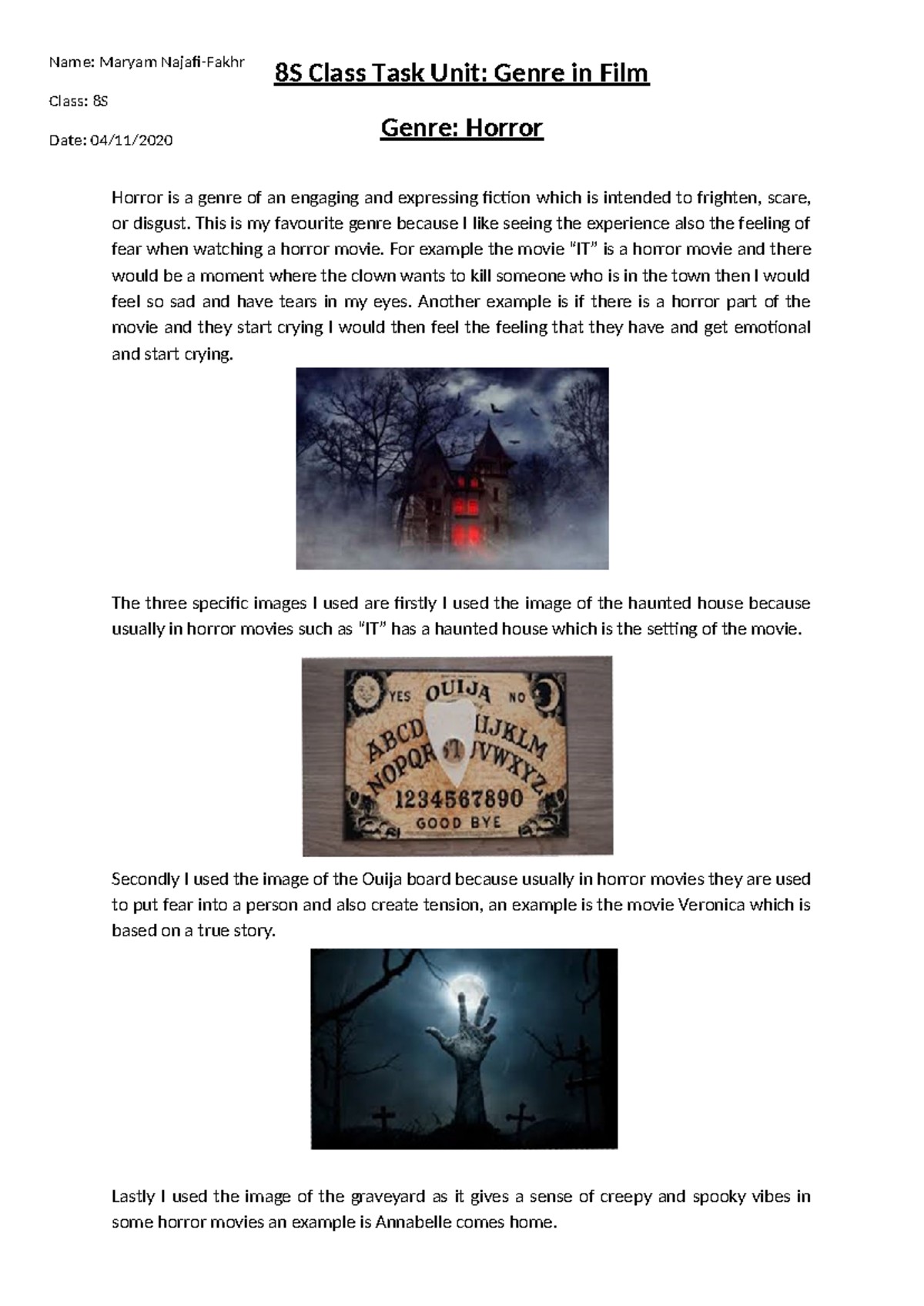8S Class Task: Exploring the Horror Genre in Film - Studocu