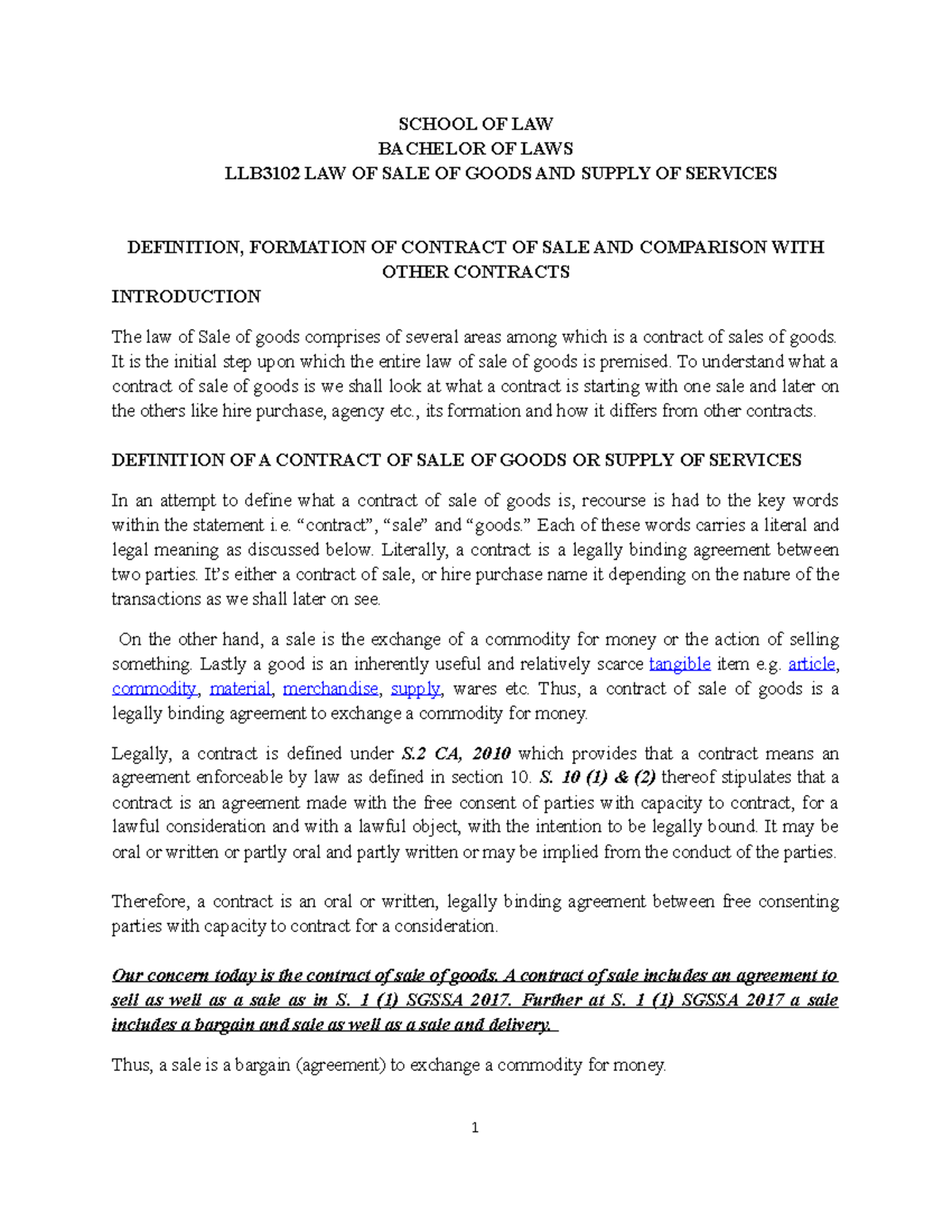 LLB3102 Sale of Goods: Key Notes on Contract Formation and Terms - Studocu