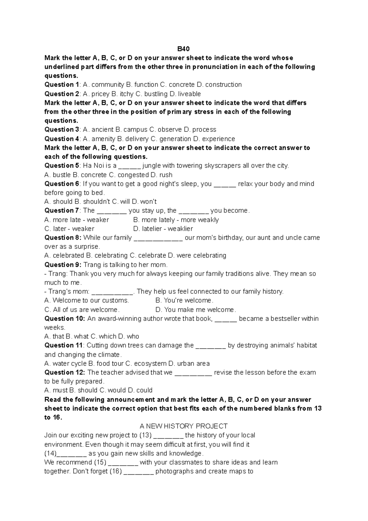 B40 - High School Entrance Exam Grammar Practice Exercise - Studocu