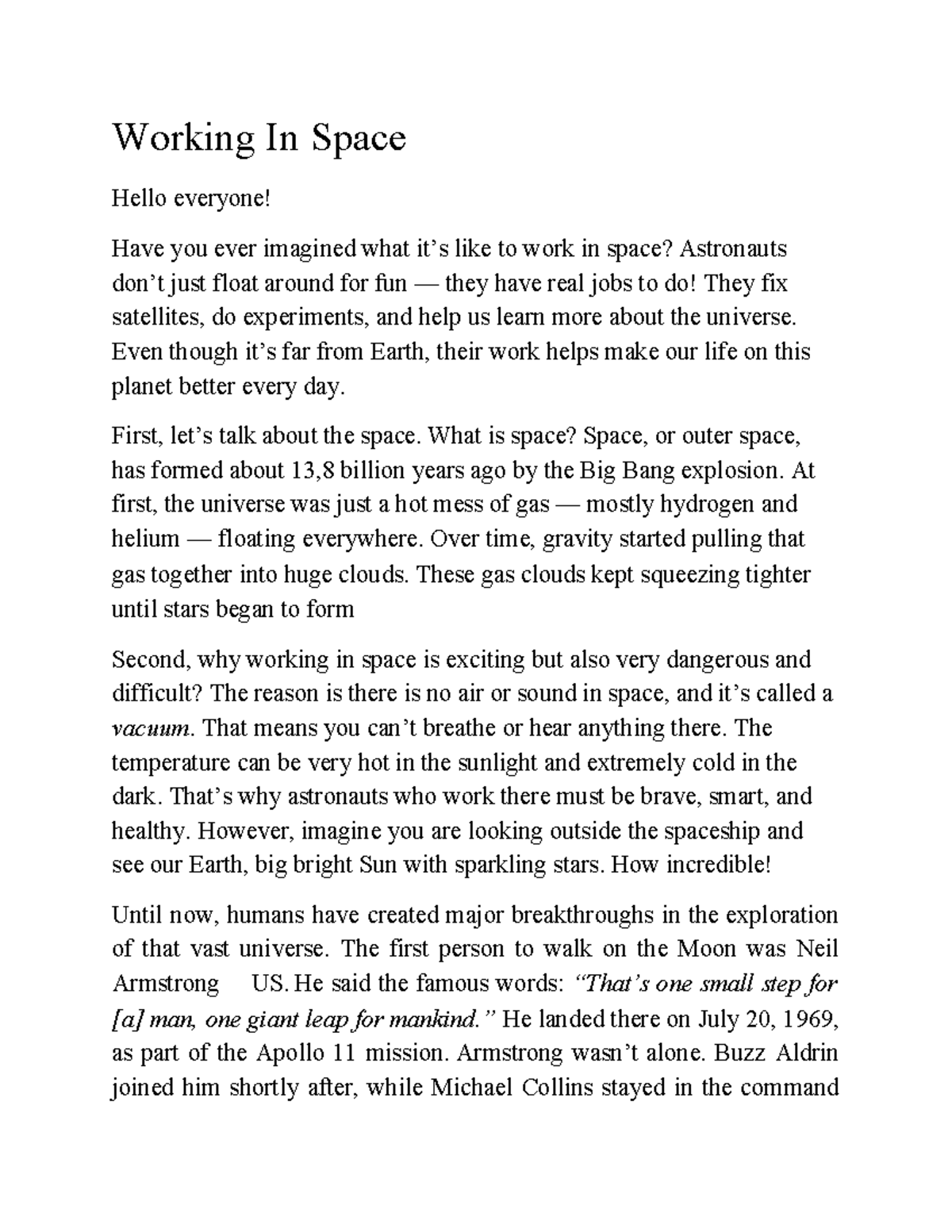 Working in Space: The Challenges and Wonders of Astronaut Life - Studocu