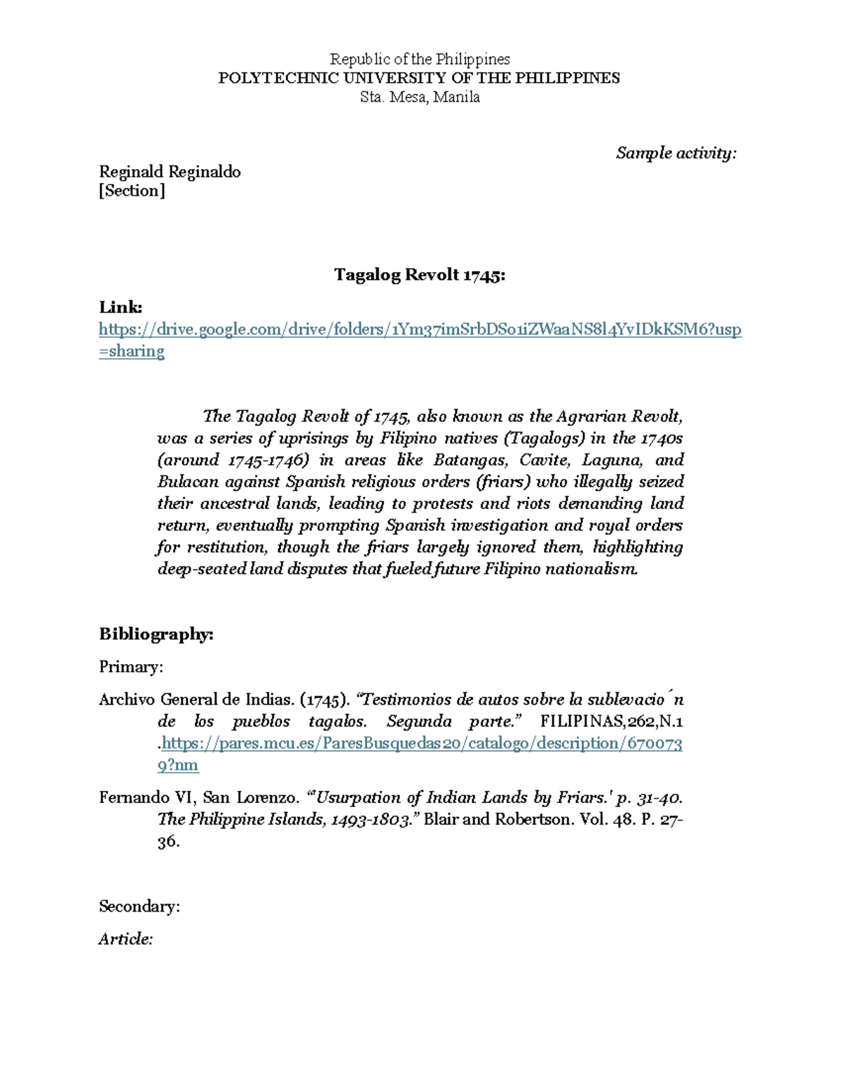 Sample Activity: Tagalog Revolt of 1745 - POLYTECHNIC UNIVERSITY - Studocu