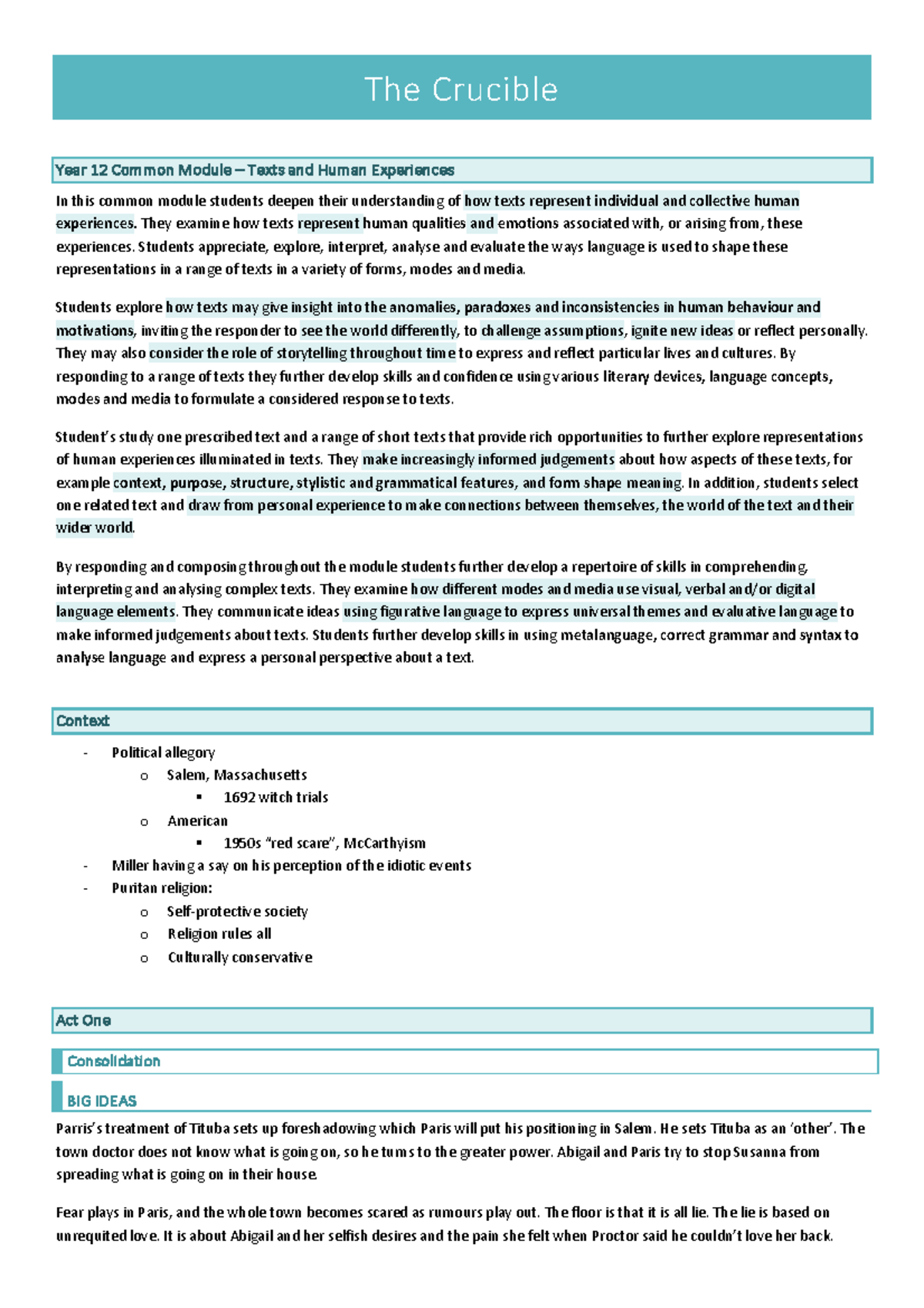 The Crucible Year 12: Exploring Human Experiences in Texts - Studocu