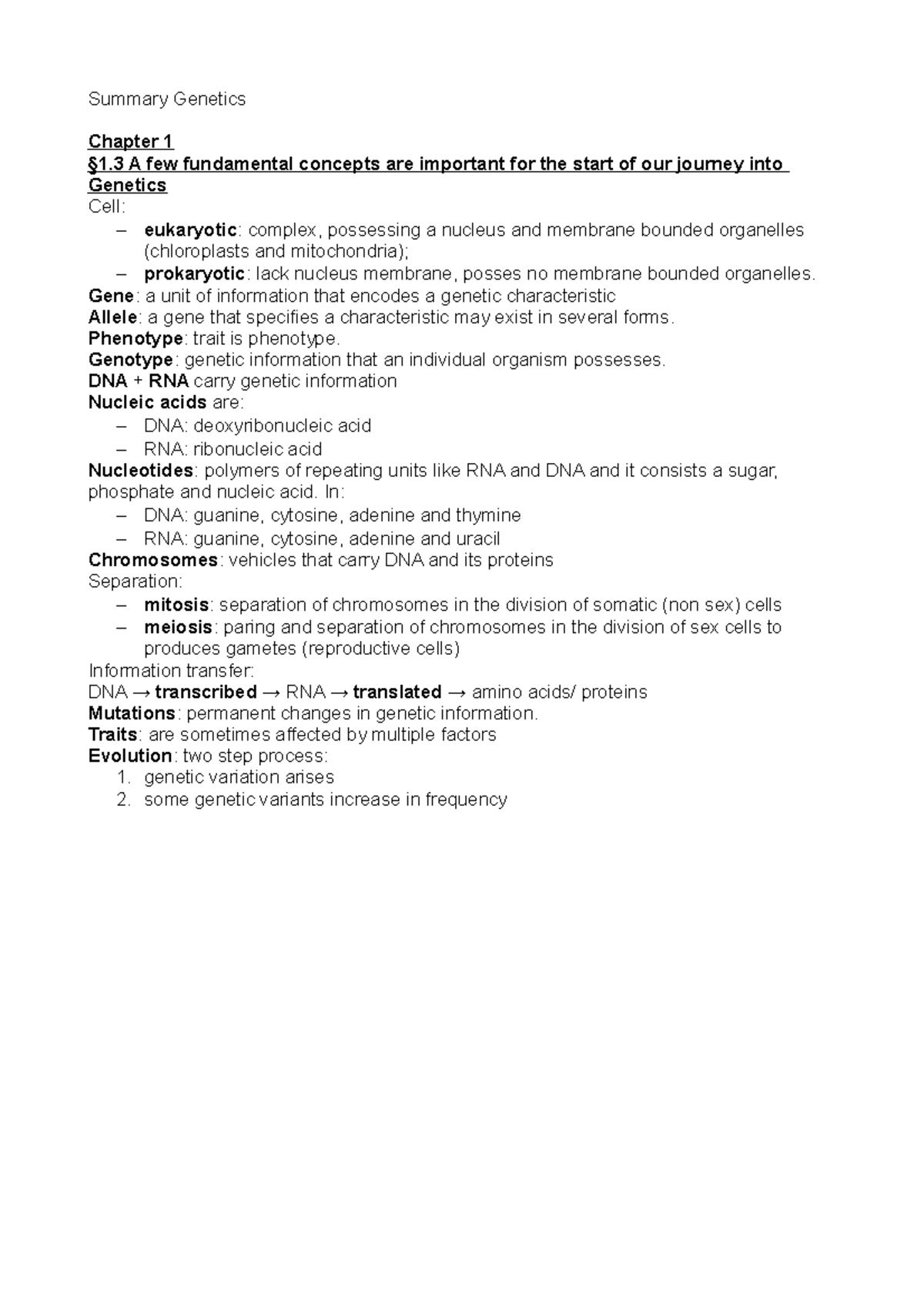 Genetics Summary: Key Concepts from Chapters 1-6, 8-9, 11-18, 22 ...