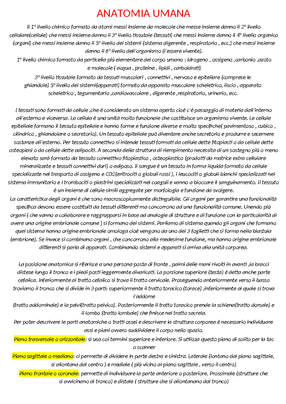 Appunti di Anatomia Umana - Corso di Anatomia 23 Lezioni - Studocu