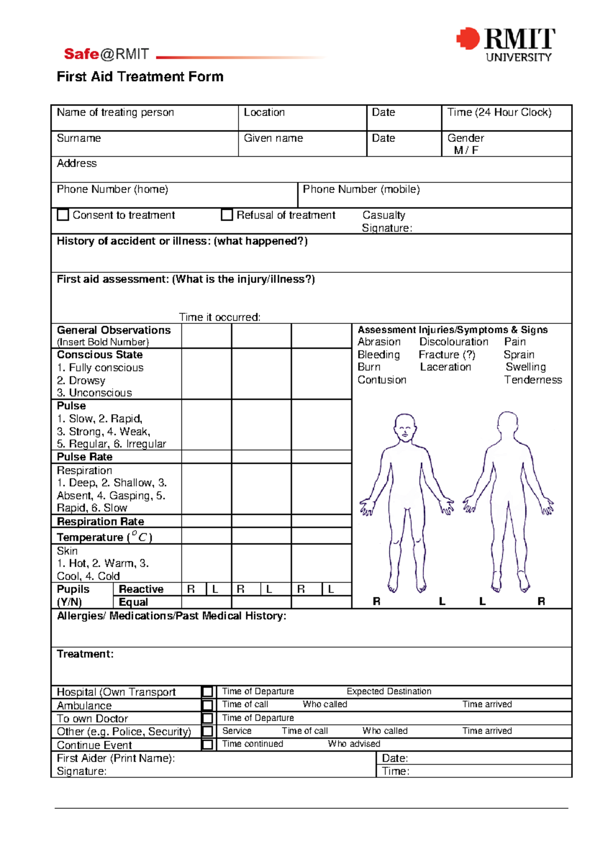First Aid Treatment Form - Important Guidelines and Assessment Details ...
