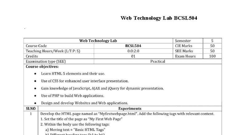 Web Technology Lab Manual BCSL504 - Practical Exercises and Outputs ...
